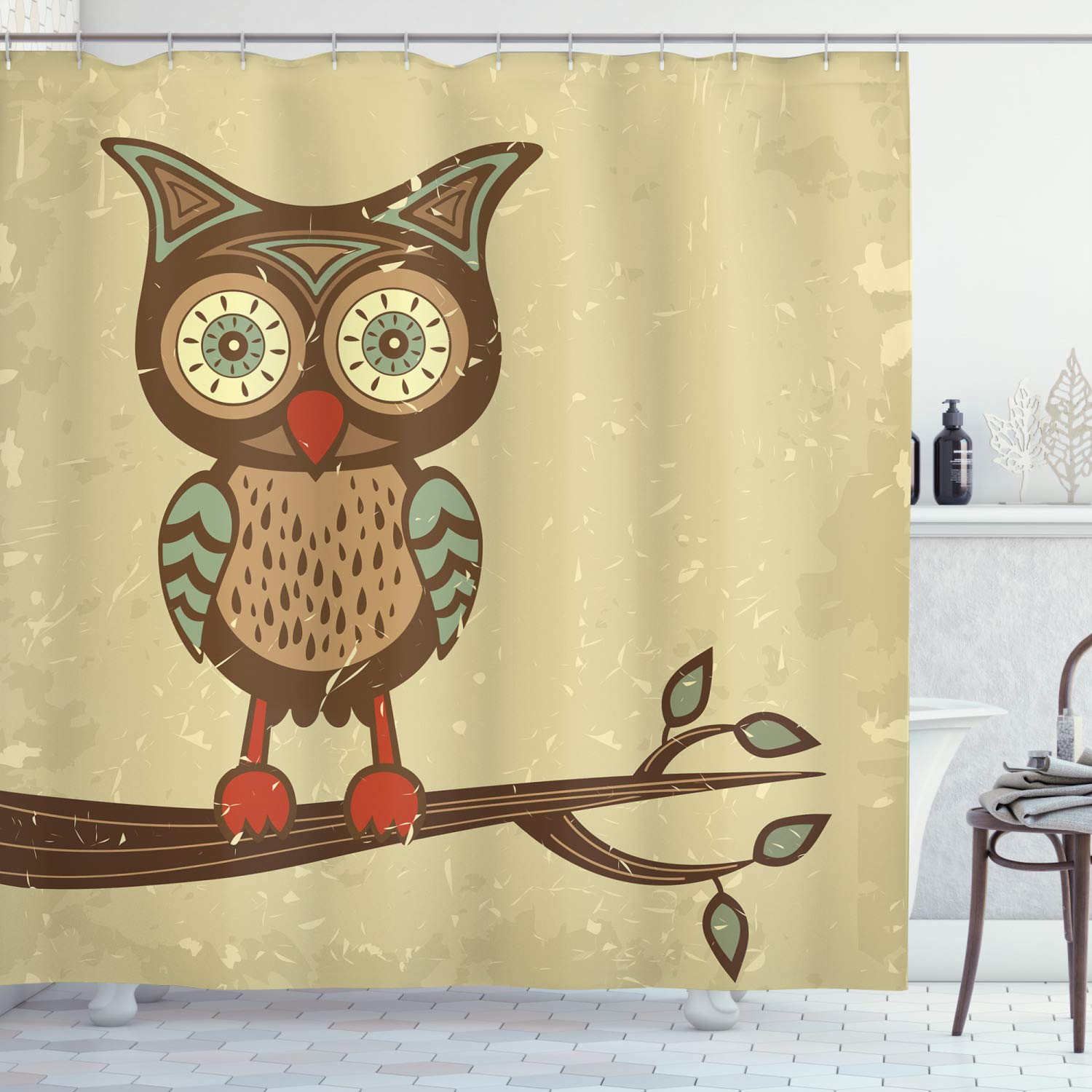 Ambesonne Owl Shower Curtain, Owl Sitting on Branch Eyesight Animal Humor Pastel Retro Modern Graphic, Cloth Fabric Bathroom Decor Set with Hooks, 69" W x 70" L, Brown Cream Teal