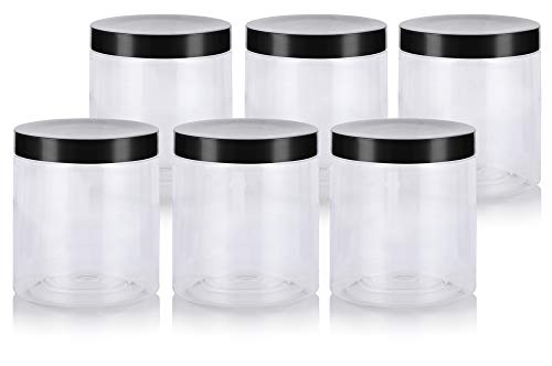 JUVITUS 32 oz Clear PET Plastic (BPA Free) Large Refillable Empty Jar (6 pack, Black Smooth LId)