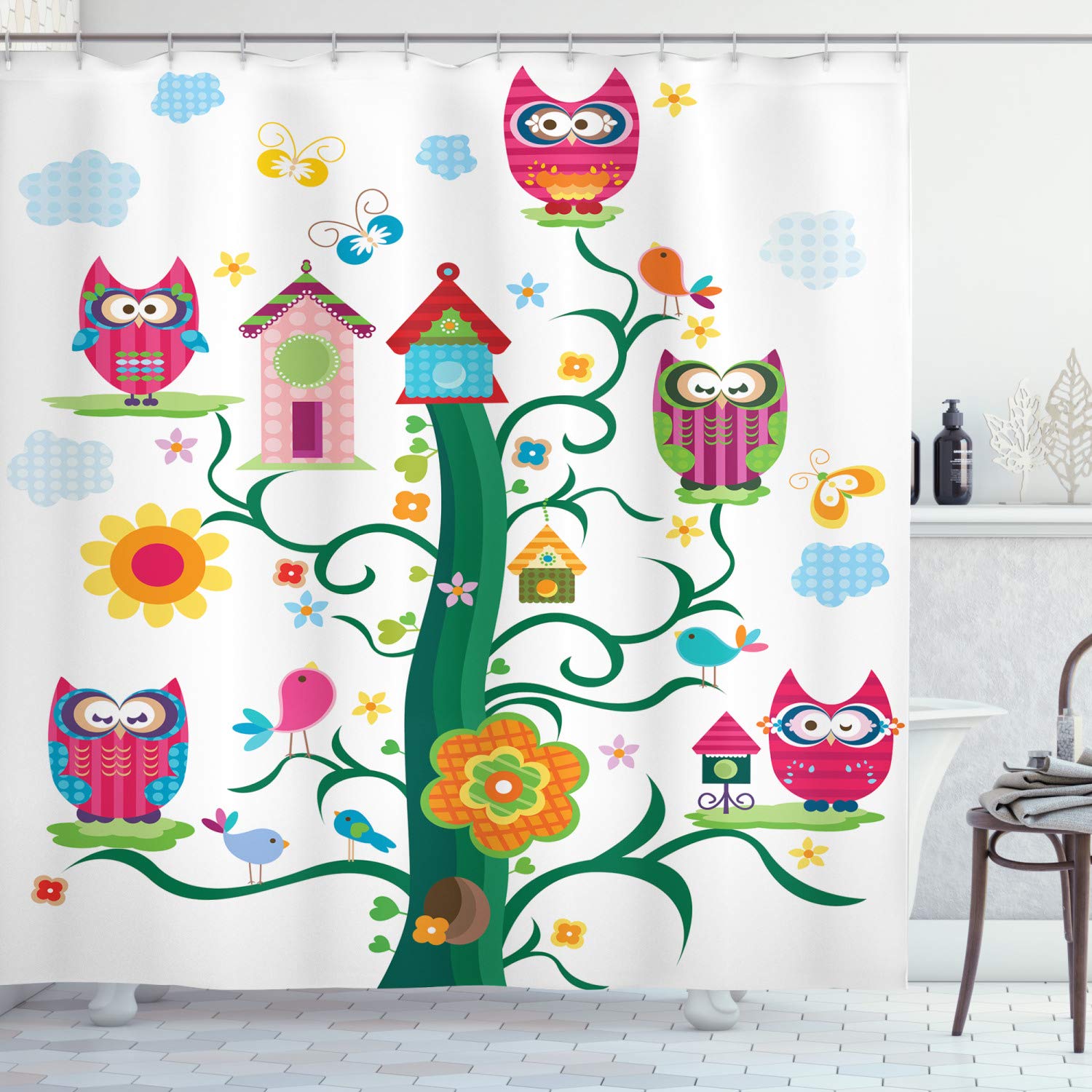 Ambesonne Owl Shower Curtain, Owls in The Tree with Crazy Eyes Mosaic Dots Magic in The Air Nocturnal Wise Mascot, Cloth Fabric Bathroom Decor Set with Hooks, 69" W x 70" L, Multicolor