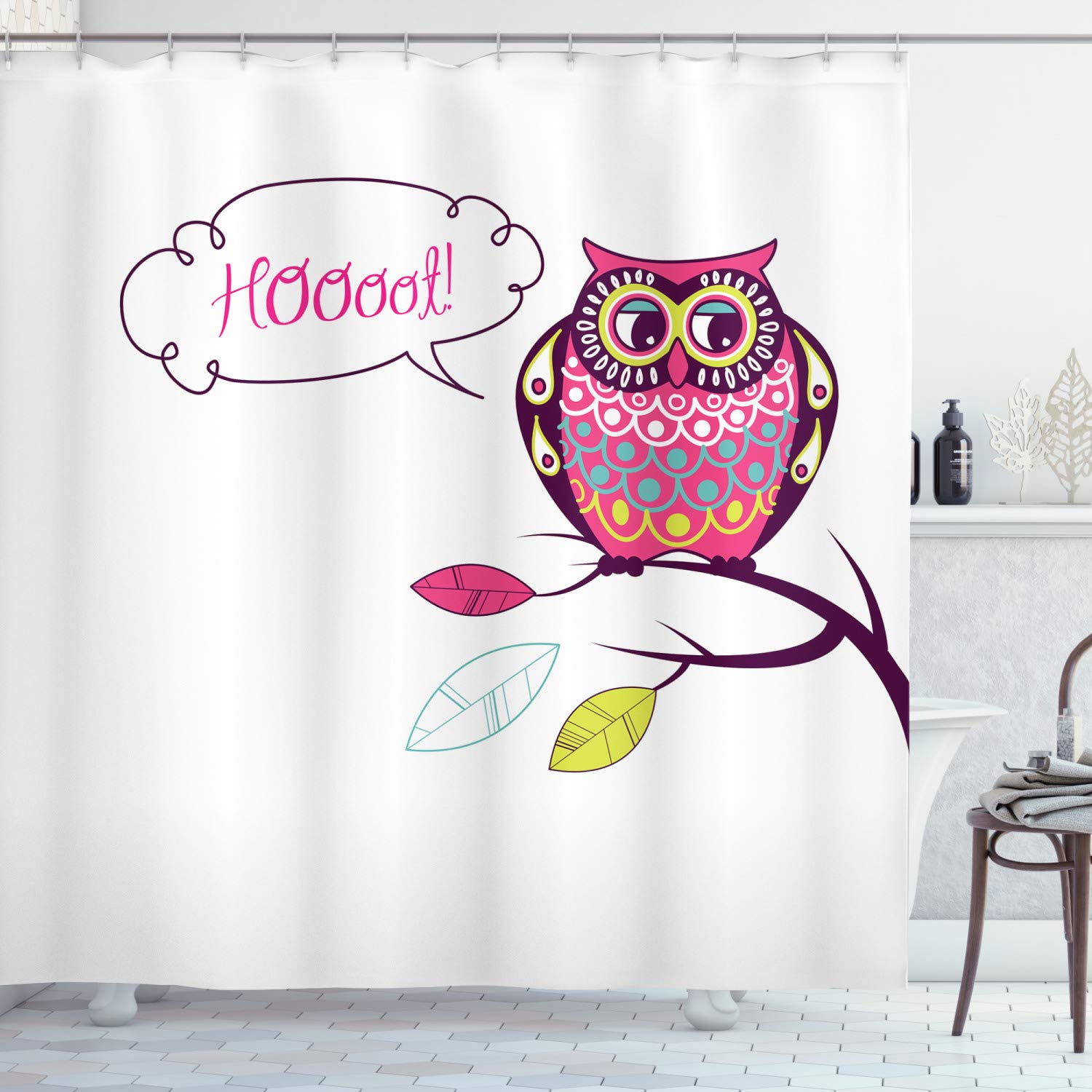Ambesonne Owl Shower Curtain, Ornate Colorful Owl on The Branch Observing Flat Face Myst Animal Image, Cloth Fabric Bathroom Decor Set with Hooks, 69" W x 70" L, Pink Purple White