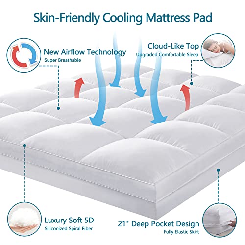 CHOKIT Luxury Soft 5D Spiral Fiber Queen Mattress Topper, Extra Thick Mattress Pad Cover for Back Pain Relief, Cooling Breathable Pillow Top Protector with 8-21" Deep Pocket, All Season Bedding
