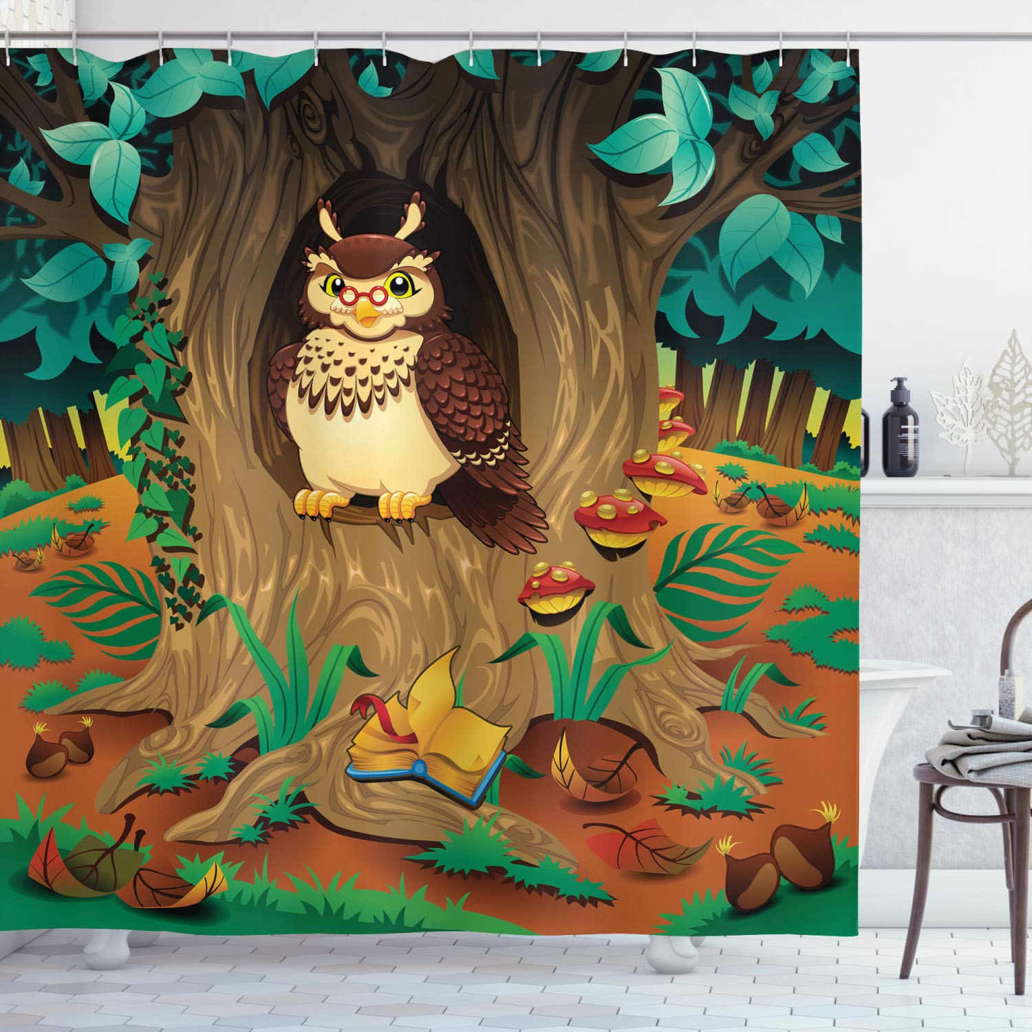 Ambesonne Owl Shower Curtain, Old Wise Nanny Grandma Owl in The Chestnut Tree Hallow Looking Through Sage Character, Cloth Fabric Bathroom Decor Set with Hooks, 69" W x 70" L, Multicolor
