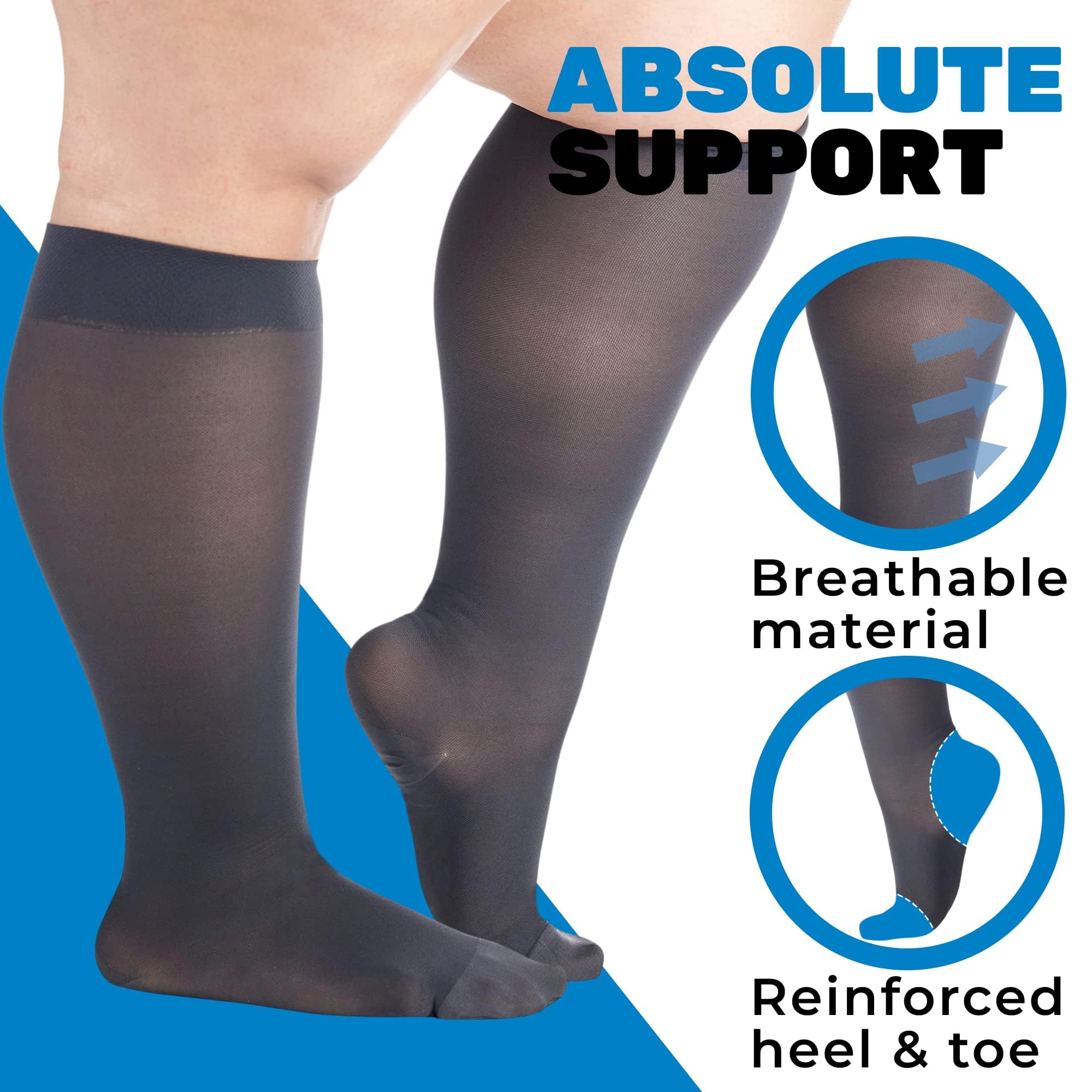 ABSOLUTE SUPPORT Made in USA - Sheer Compression Socks for Women 20-30mmHg | For Swelling, Lymphedema, DVT, Post Surgery Recovery - Black, Large, A205BL3