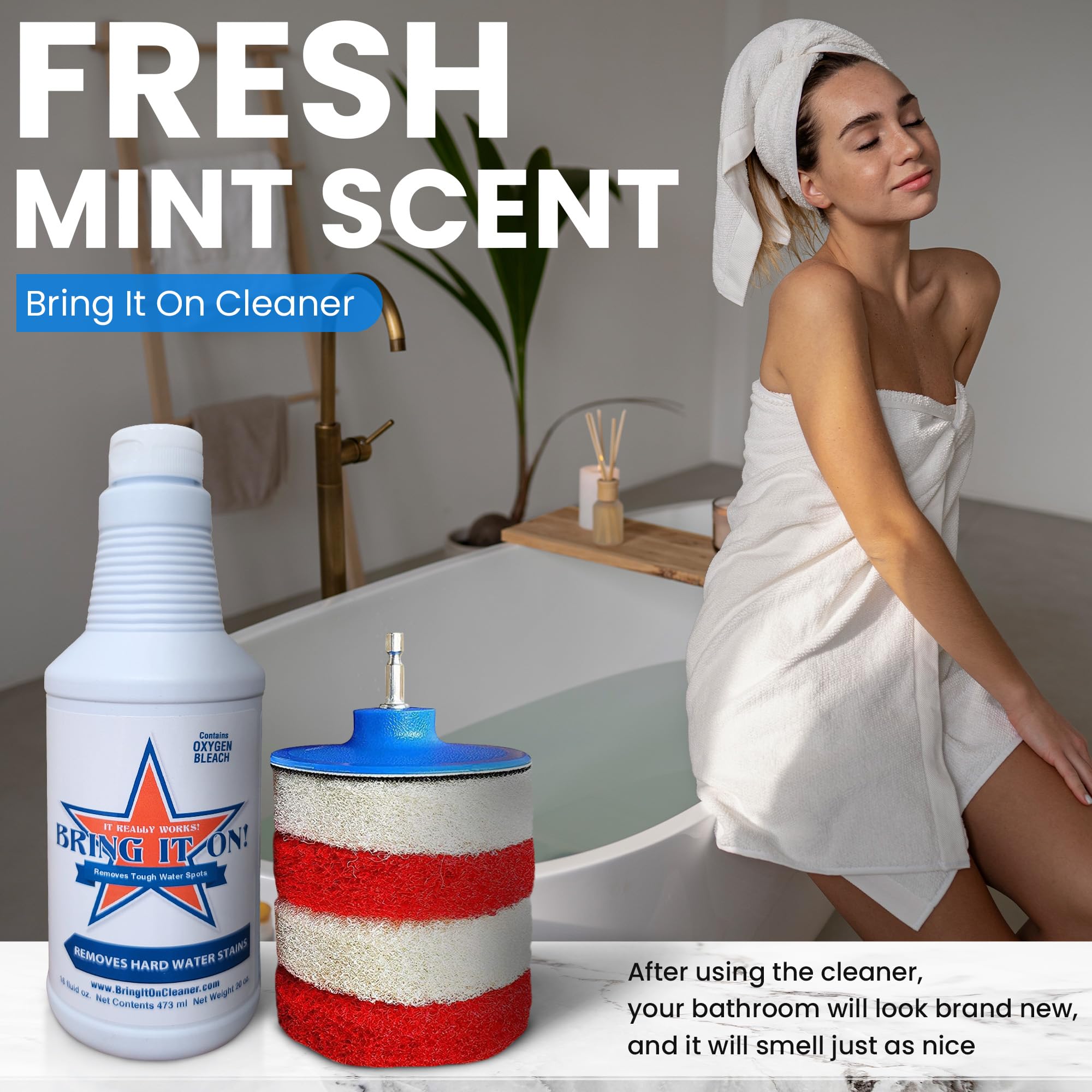 Bring It On Cleaner Hard Water Stain Remover, Shower Door Cleaner Plus Scrubbing Drill Pads