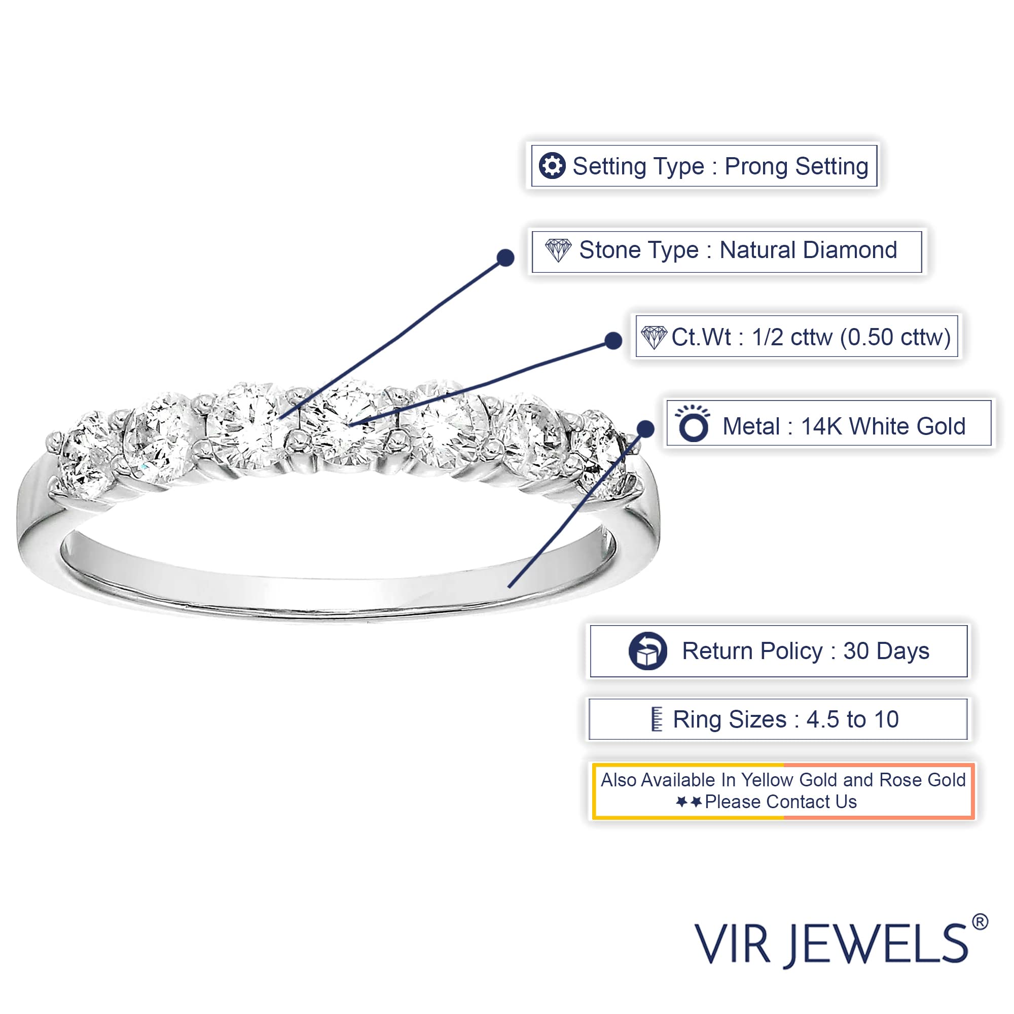 Vir Jewels 1/2 carat (ctw) Diamond Wedding Anniversary Band for Women, Round Diamond Engagement Ring 14K White Gold Prong Set 0.50 cttw, Size 7