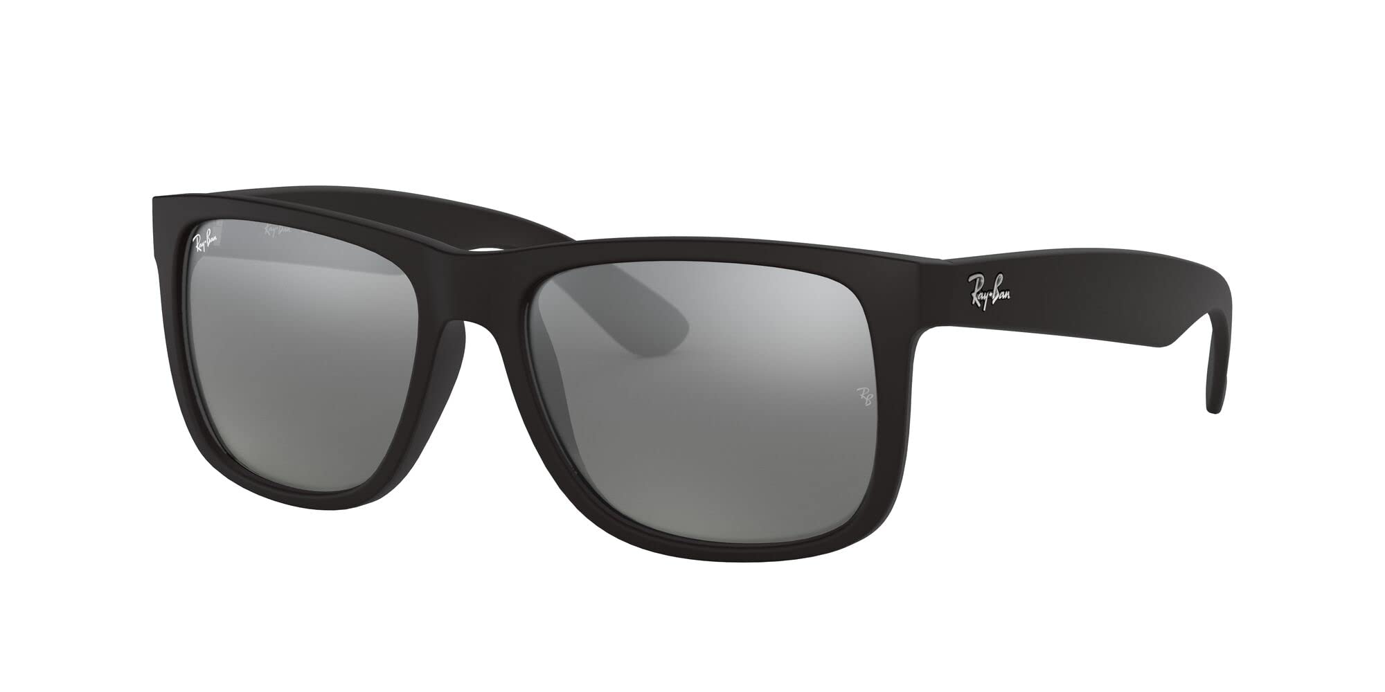 Ray-Ban RB4165F Justin Low Bridge Fit Rectangular Sunglasses, Rubber Black/Grey Mirrored Silver, 58 mm