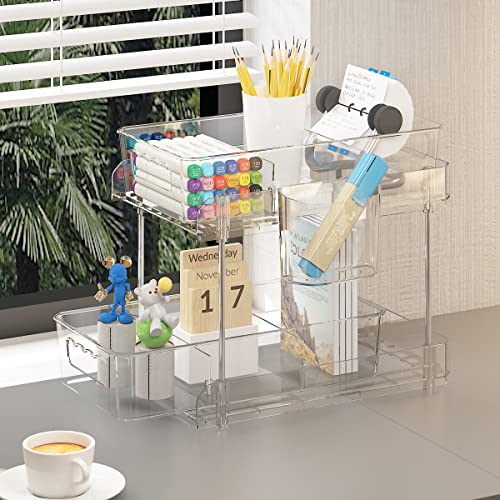 DOMNIU 2 Tier Clear Organizer with Dividers, Pantry Organization and Storage Multi Purpose Slide-Out Bathroom Organizer, Kitchen Pantry Medicine Cabniet Bins, Under Sink Organizer with Hanging Cup