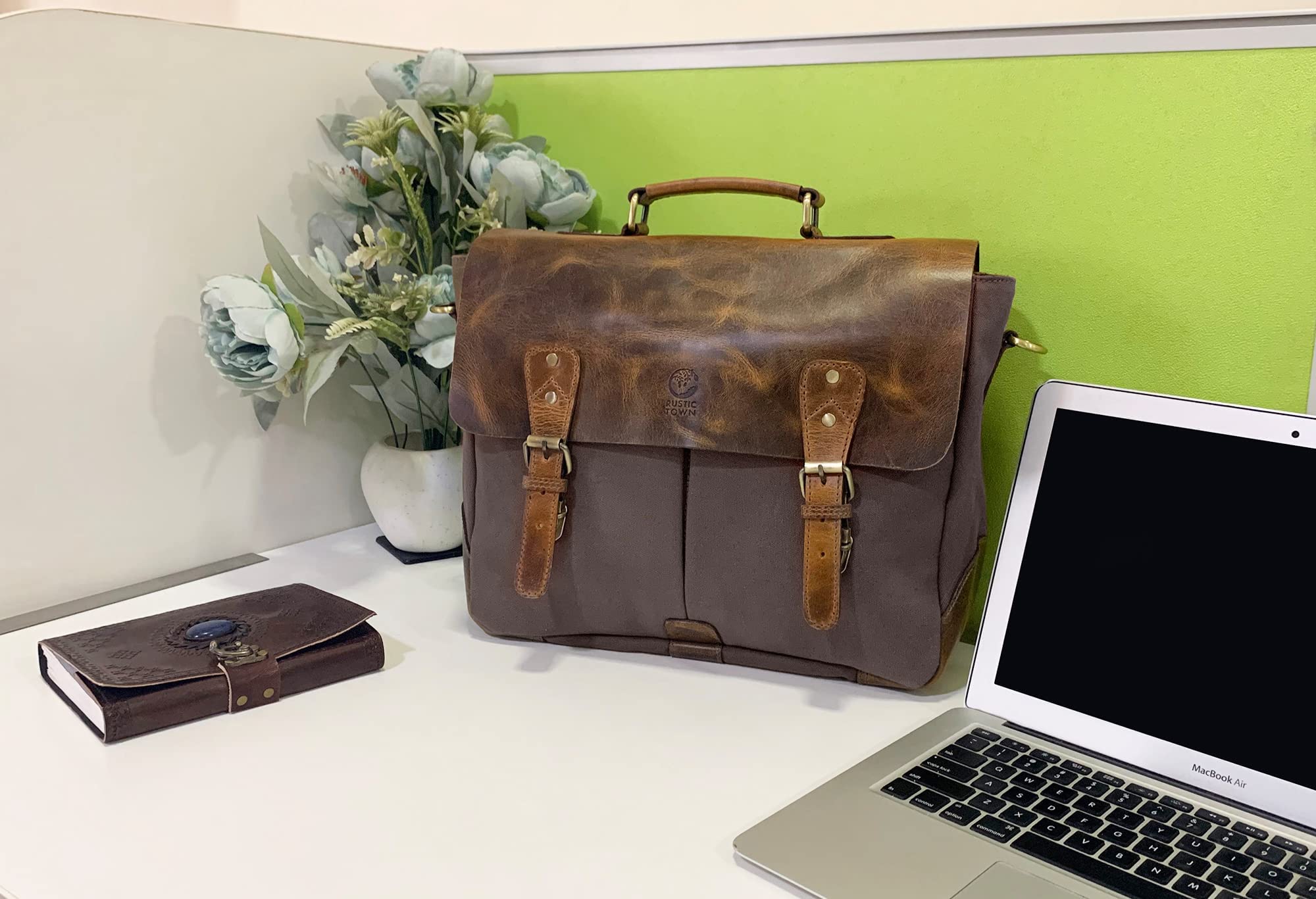 RUSTIC TOWN Leather Canvas Messenger Bag for Men Women - Vintage Laptop Satchel Leather Briefcase (15 Inch, Dark Grey)