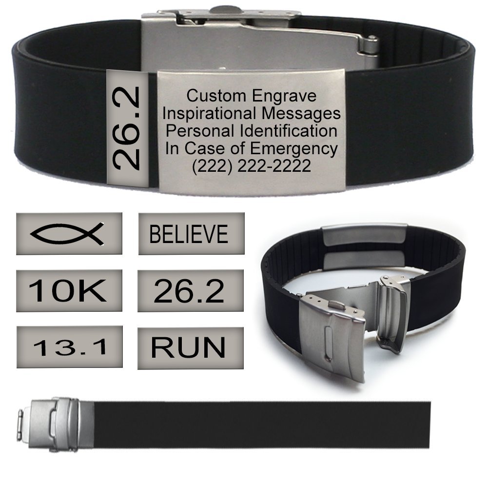 Black Sport Fitness Safety ID Bracelet-Wristband with Badge and Free Personalized Engraving, Hypoallergenic Band, and Stainless Steel Matte Plate for Runner, Cyclist, Tri Athletes, Religious (Run)