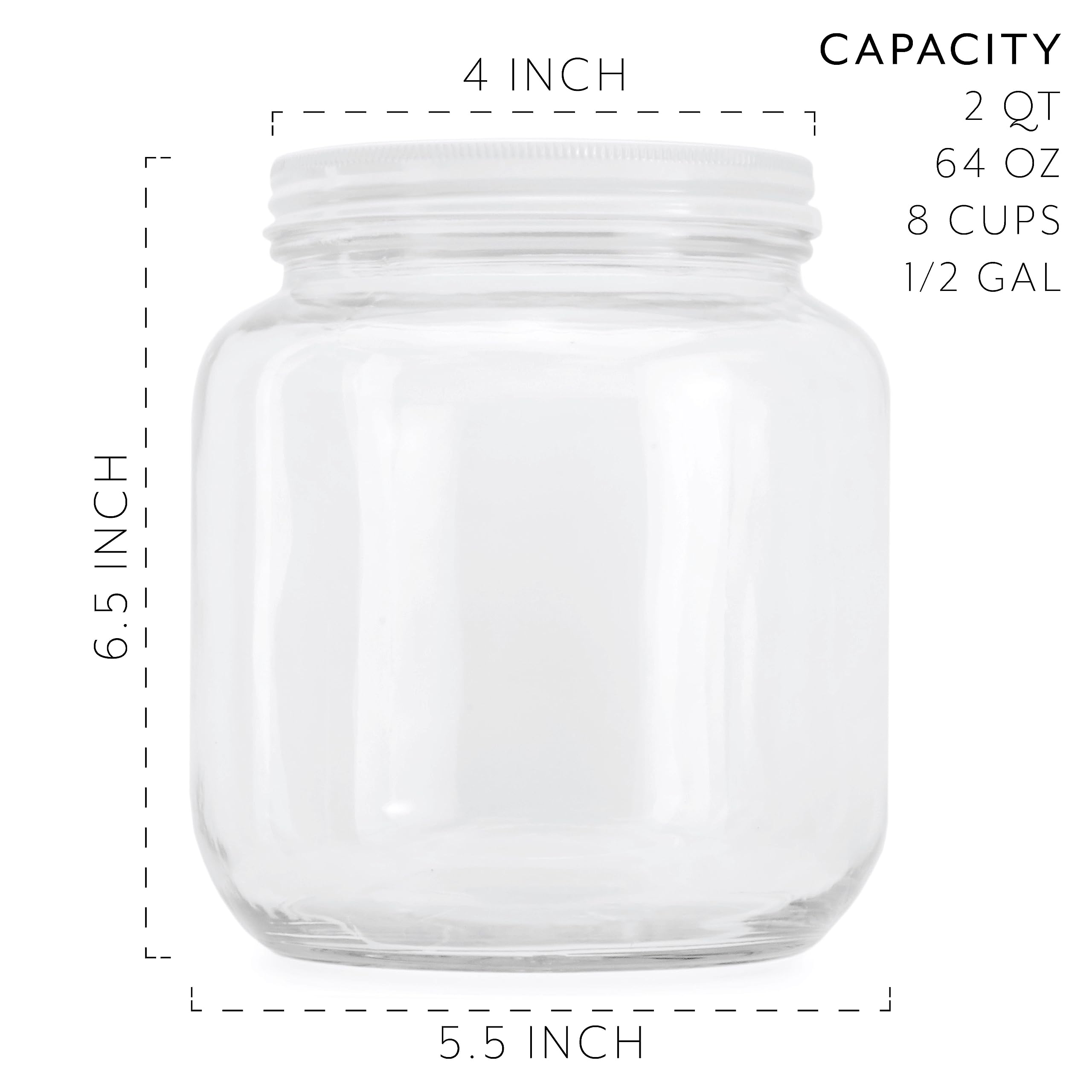 Cornucopia Brands 64oz Clear Wide-mouth Glass Jar, BPA free Food Grade w/Metal Lid (Half Gallon); 2 Quart Jar to Make Greek Yogurt/Kefir or Pickles
