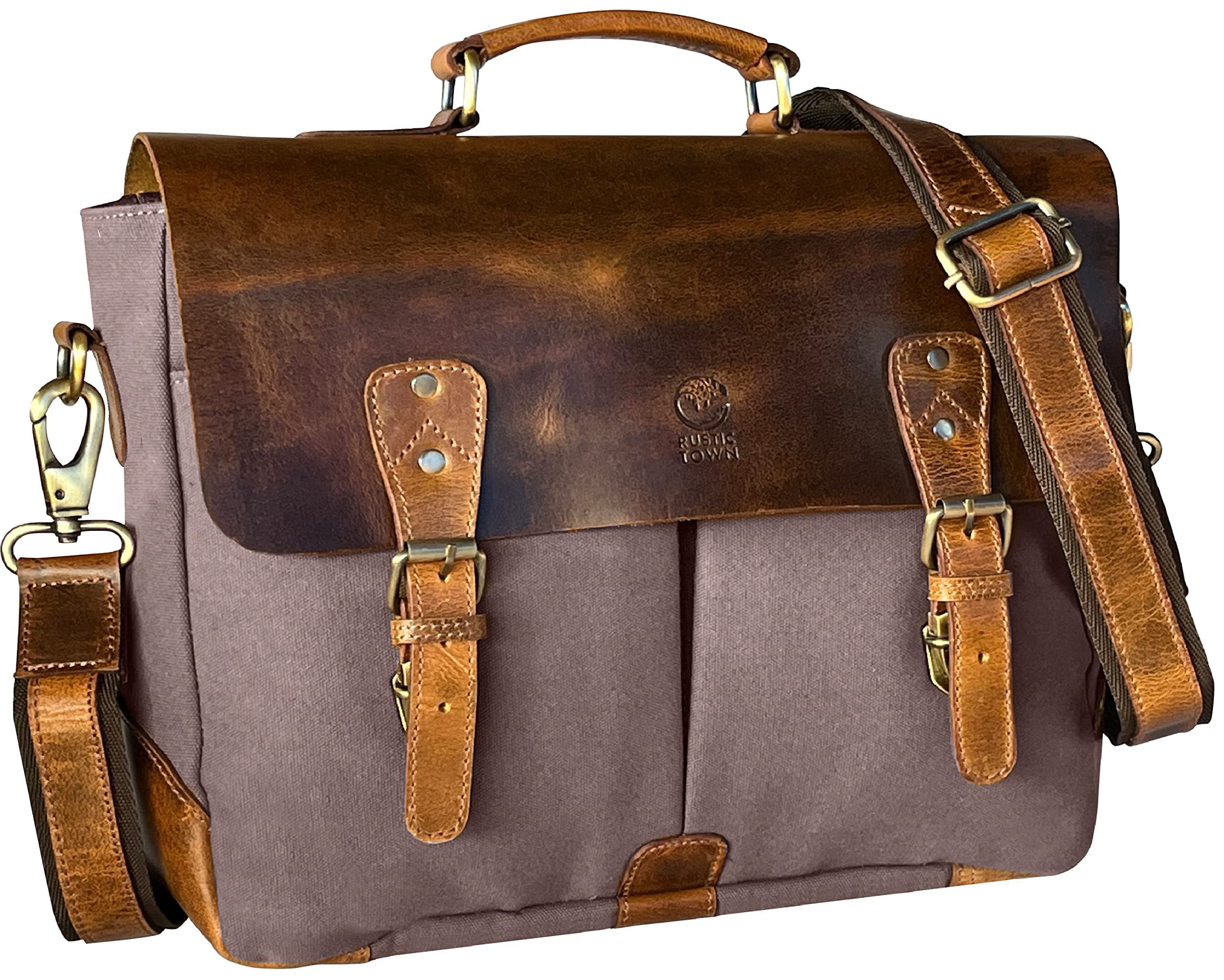 RUSTIC TOWN Leather Canvas Messenger Bag for Men Women - Vintage Laptop Satchel Leather Briefcase (15 Inch, Dark Grey)
