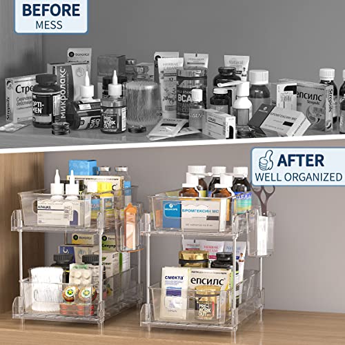 DOMNIU 2 Tier Clear Organizer with Dividers, Pantry Organization and Storage Multi Purpose Slide-Out Bathroom Organizer, Kitchen Pantry Medicine Cabniet Bins, Under Sink Organizer with Hanging Cup