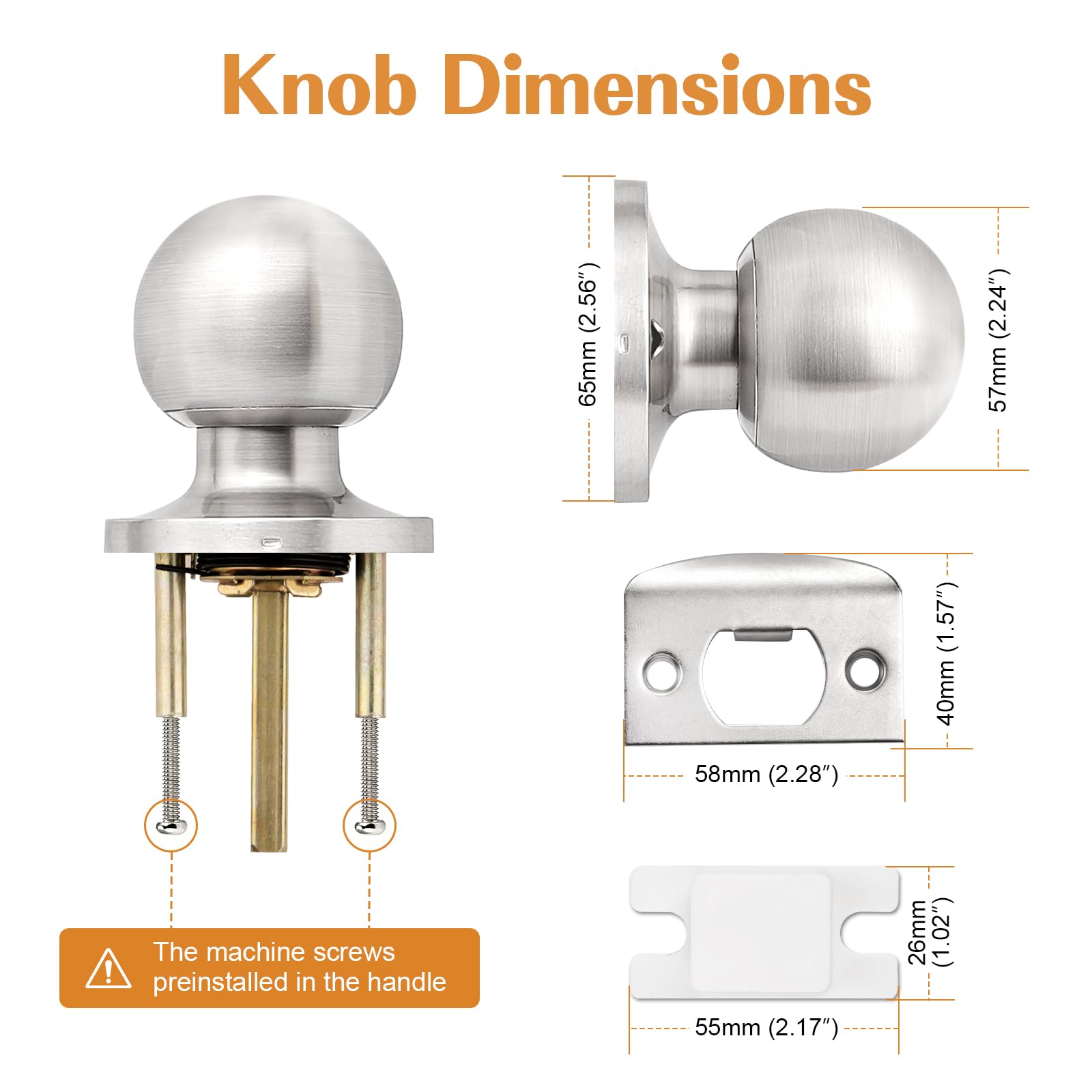 Probrico Round Passage Door Knobs Interior Hall/Closet Door Handles Brushed Nickel Ball Knobs, 3 Pack