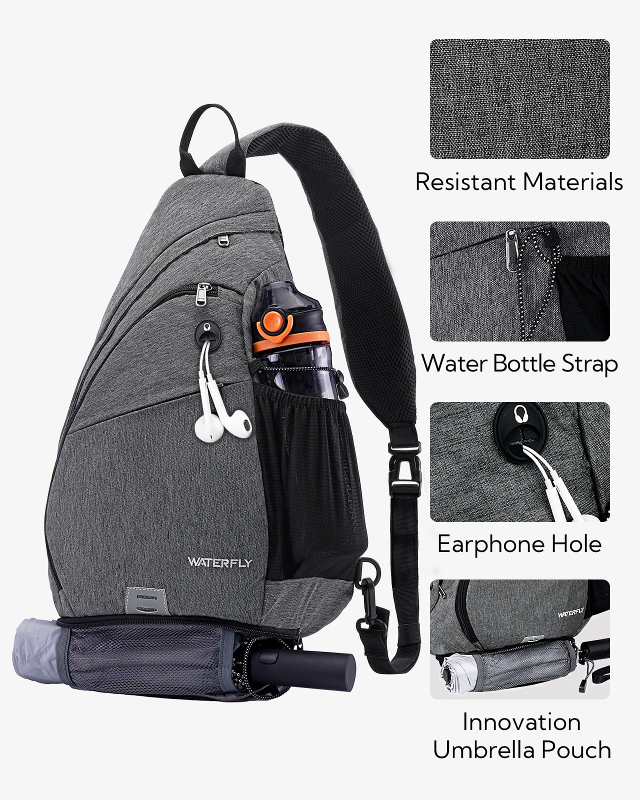 WATERFLY Sling Bag Crossbody Backpack: Over Shoulder Daypack Casual Cross Chest Side Pack