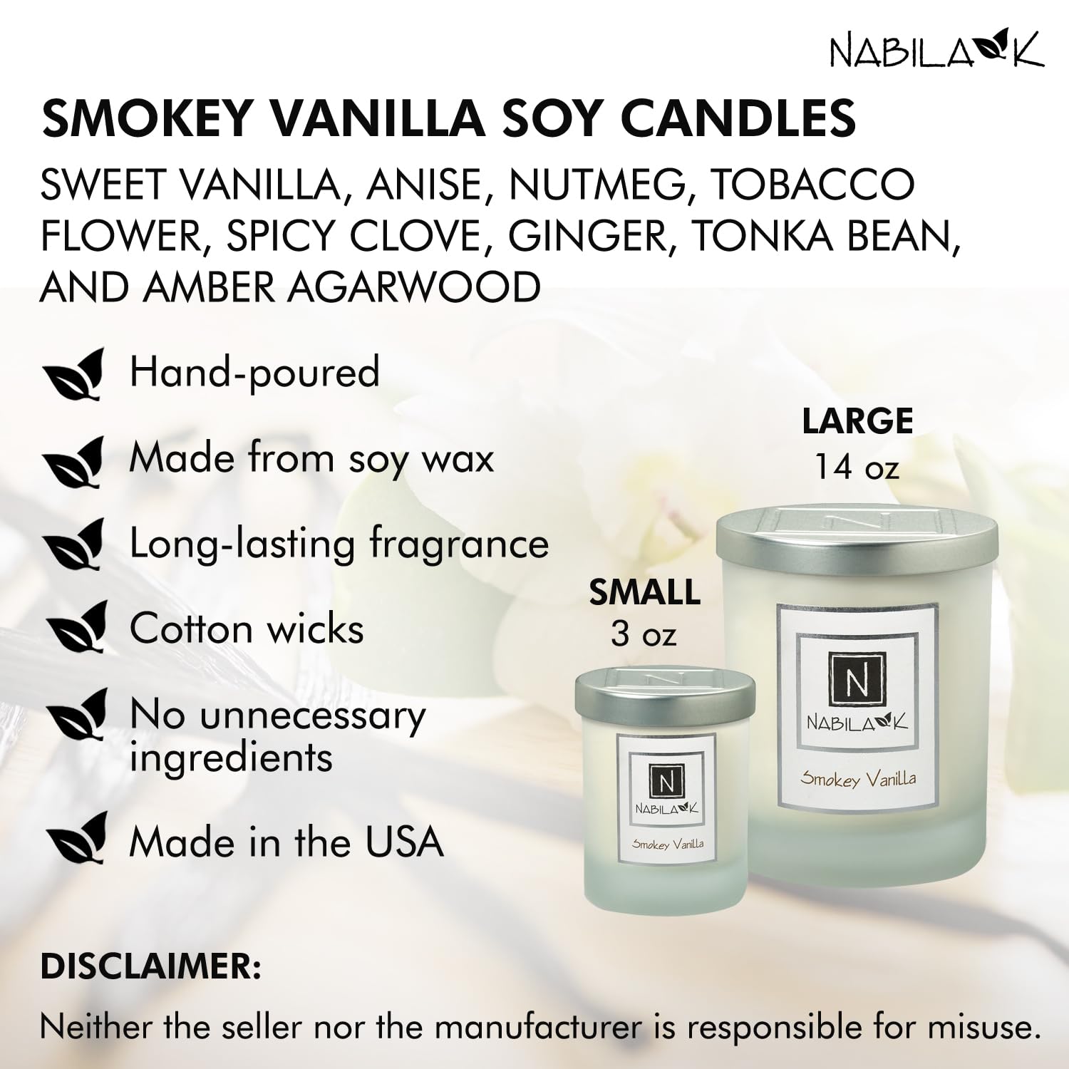 Nabila K – Smokey Vanilla - Soy-Based Candle – Anise, Nutmeg, Spicy Clove, Ginger, Sweet Vanilla, Amber - Hand-Poured - Cotton Wick - Aromatherapy Candle w/Essential Oils - Made in USA - 3 oz