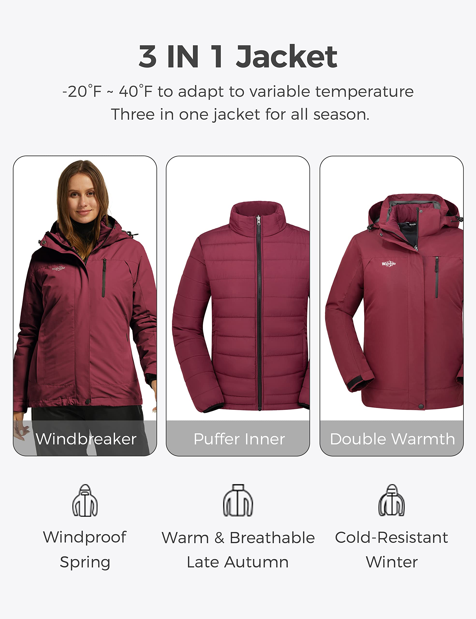wantdo Women's Winter Snow Coat Mountain Skiing Jacket SoftShell Windbreaker Jacket Wine Red XL