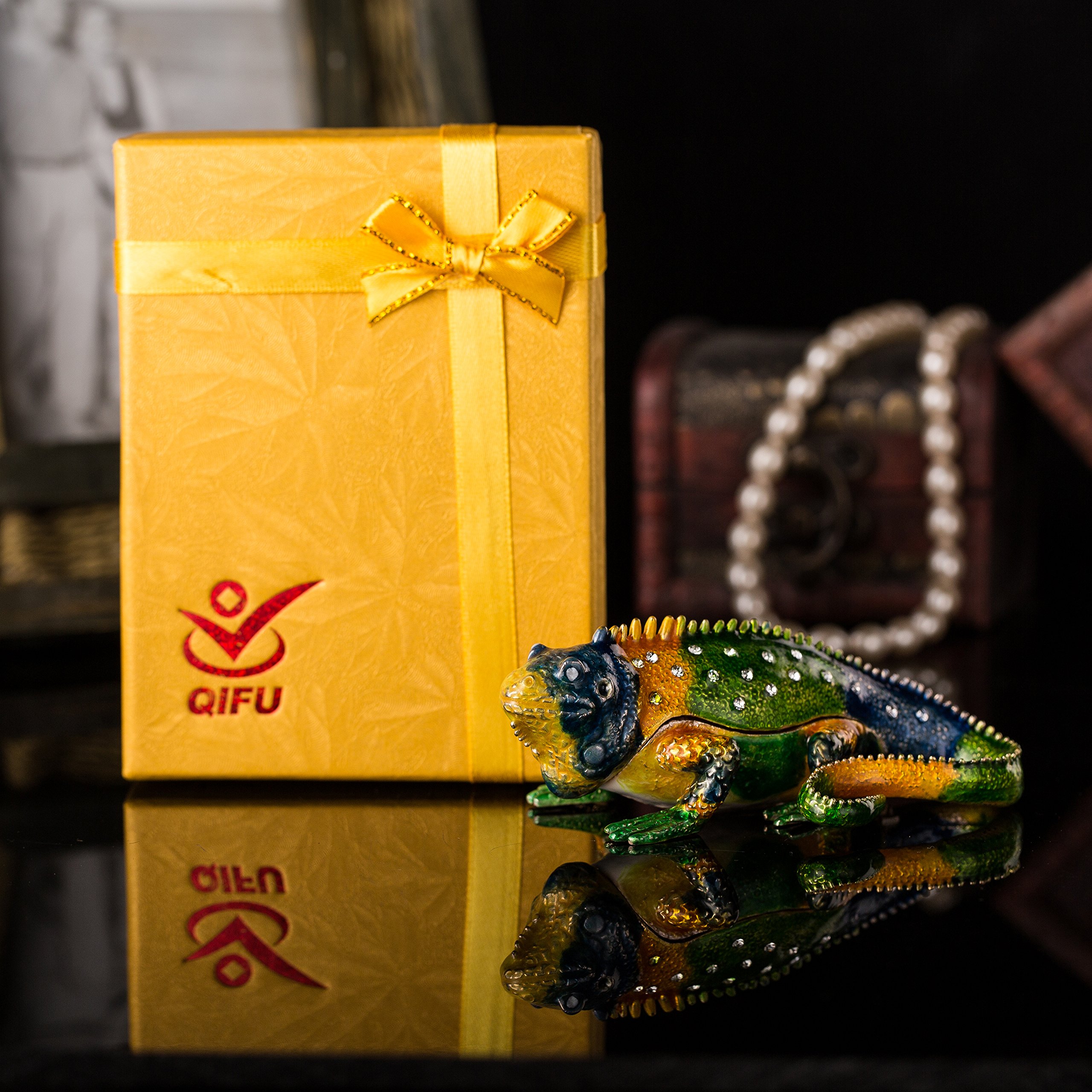 QIFU Hand Painted Enameled Lizard Style Decorative Jewelry Trinket Box Hinged