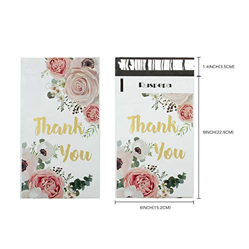 RUSPEPA 6x9 inches Poly Mailers Shipping Bags Thank You Notes Flowers Surrounded White Poly Mailers 2.3 Mil Heavy Duty Self Seal Mailing Envelopes - 100 Pack