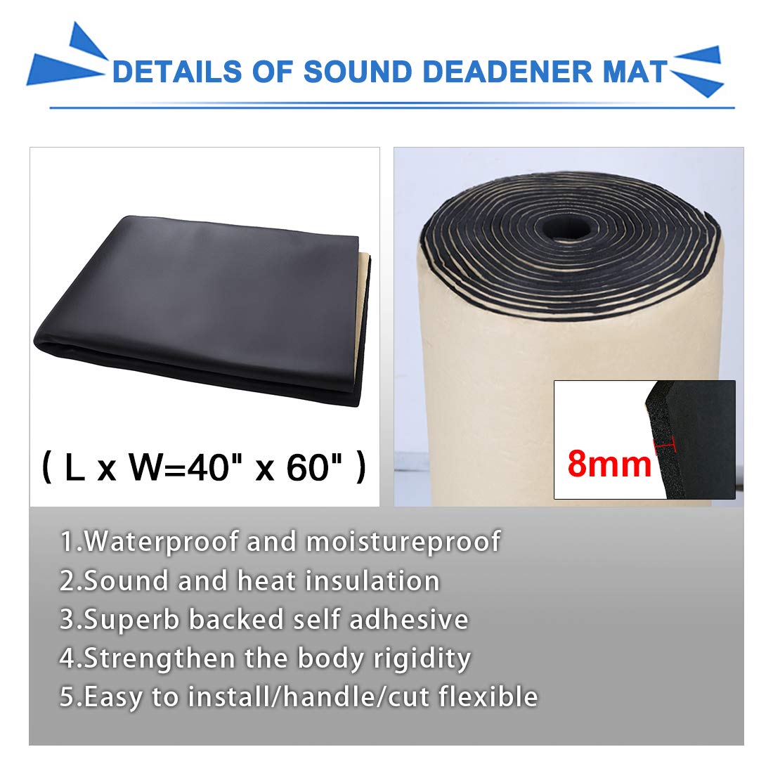 uxcell 315mil/8mm 16.36sqft Universal Car Heat Insulation Pad Underlay Foam Self-Adhesive Sound Deadening and Auto Dampening Mat 60"x 40" Black Cotton Blends