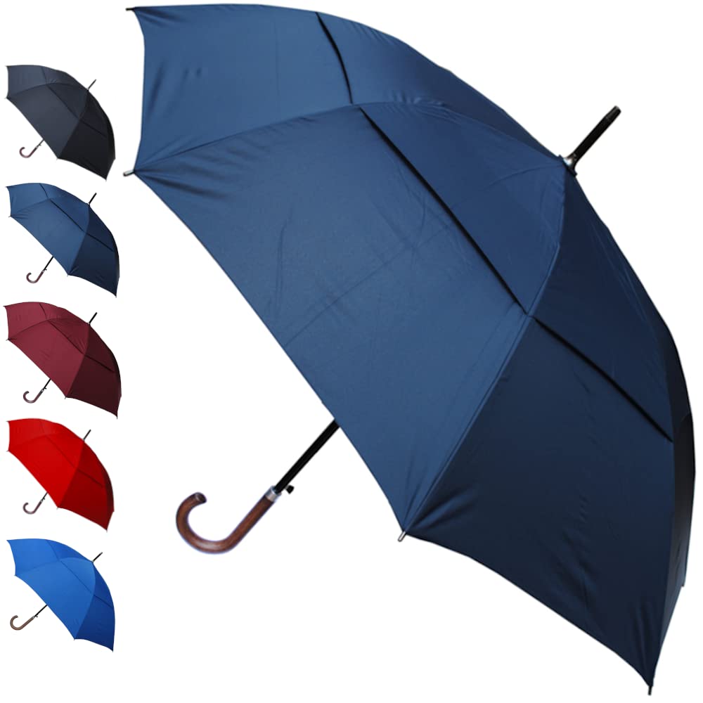 60MPH Windproof Large Strong Umbrella for Rain and Wind - Heavy Duty StormDefender City - Best for Vented Double Canopy - Auto - Solid Wood Hook Handle - Golf - Navy Blue