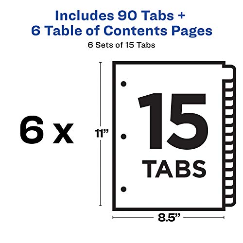 Avery 15-Tab Dividers for 3 Ring Binders, Customizable Table of Contents, Multicolor Tabs, 6 Sets (11197)