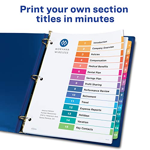 Avery 15-Tab Dividers for 3 Ring Binders, Customizable Table of Contents, Multicolor Tabs, 6 Sets (11197)