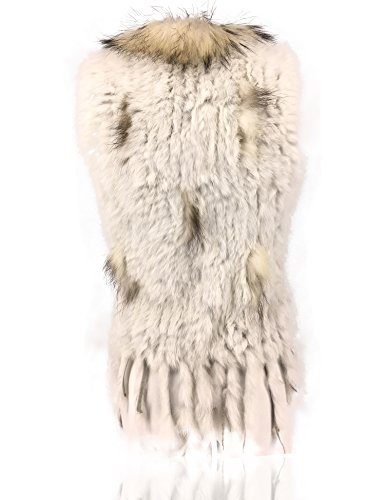 Uilor Women's 100% Natural Knit Rabbit Fur Vest with Raccoon Fur Collar White