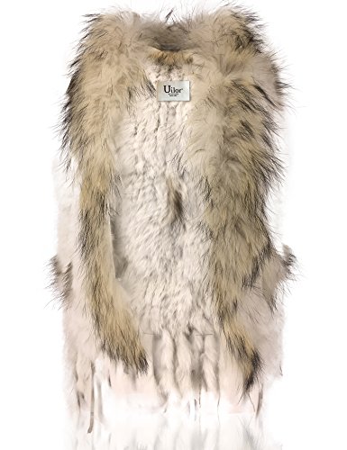 Uilor Women's 100% Natural Knit Rabbit Fur Vest with Raccoon Fur Collar White