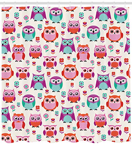 Ambesonne Owls Shower Curtain, Owls Happy Childhood Hipster Modern Repeated Animals Pattern Illustration, Cloth Fabric Bathroom Decor Set with Hooks, 69" W x 84" L, Orange Fuchsia Seafoam