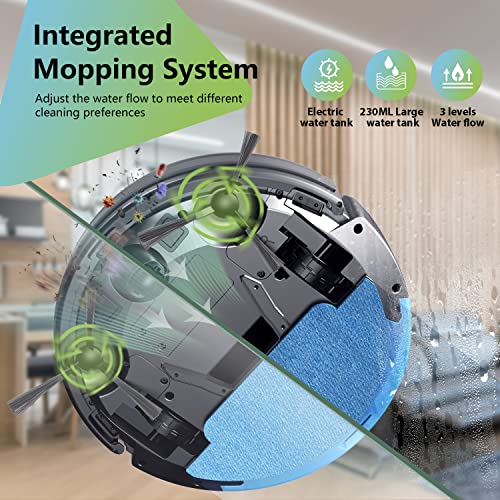 Robot Vacuum and Mop Combo, 2 in 1 Mopping Robotic Vacuum with 2000Pa Max Suction, WiFi/App/Alexa, Schedule Settings, Self-Charging, Slim, Tangle-Free, Ideal for Hard Floor, Pet Hair and Carpet