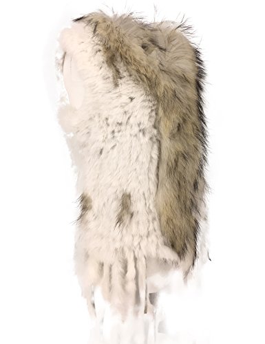 Uilor Women's 100% Natural Knit Rabbit Fur Vest with Raccoon Fur Collar White