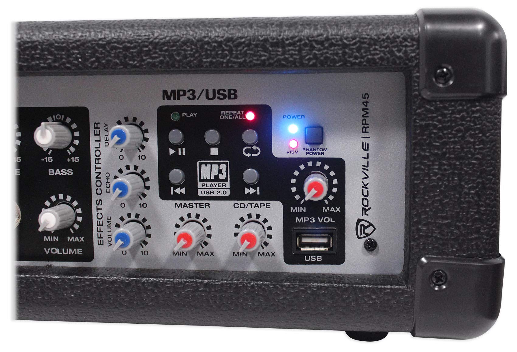 Rockville 1800w Powered 4 Channel Mixer/Amplifier w USB/EQ/Effects/Phantom (RPM45)