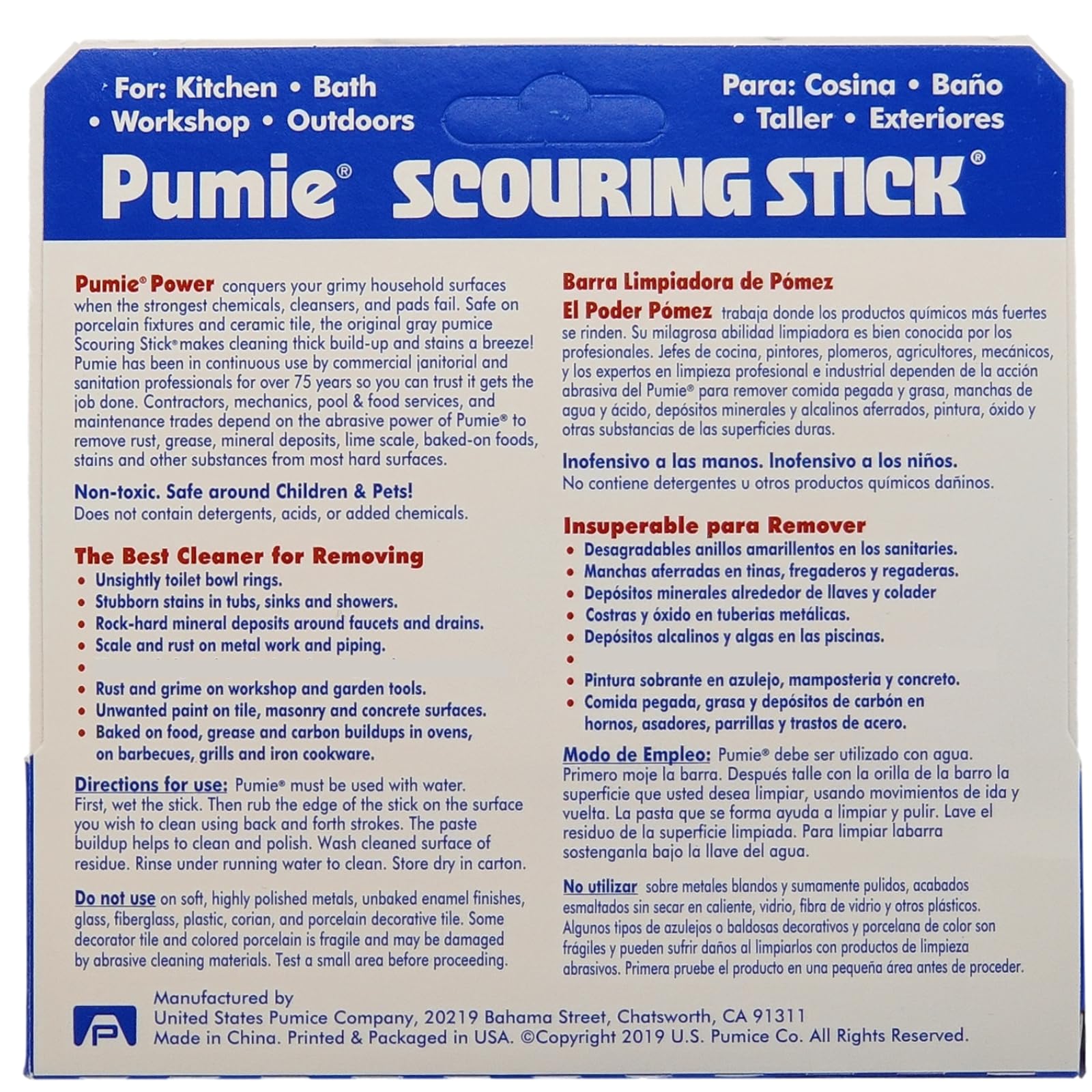 PUMIE Heavy Duty Pumice Scouring Stick, 5.25x1.25x0.75 By U.S. Pumice, Remove Toilet Stains, Hard Water Rings (Pack of 1)