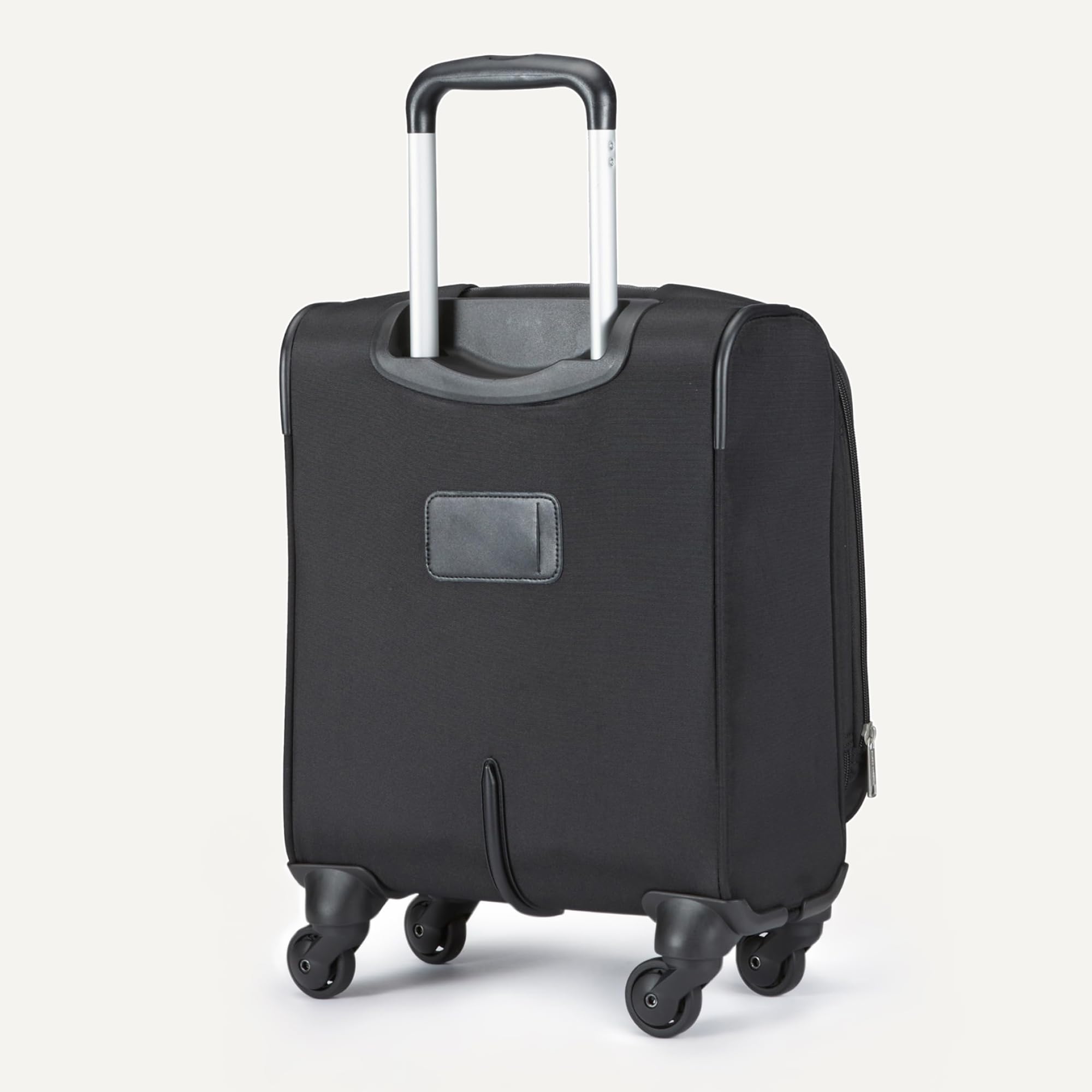 Amazon Basics Luggage, 18" Small Carry-On Softside Suitcase With Wheels, With Four 360-Degree Multi-directional Spinner Wheels, Expandable Space, Zippered Pocket and Straps, Telescopic Handle, Black