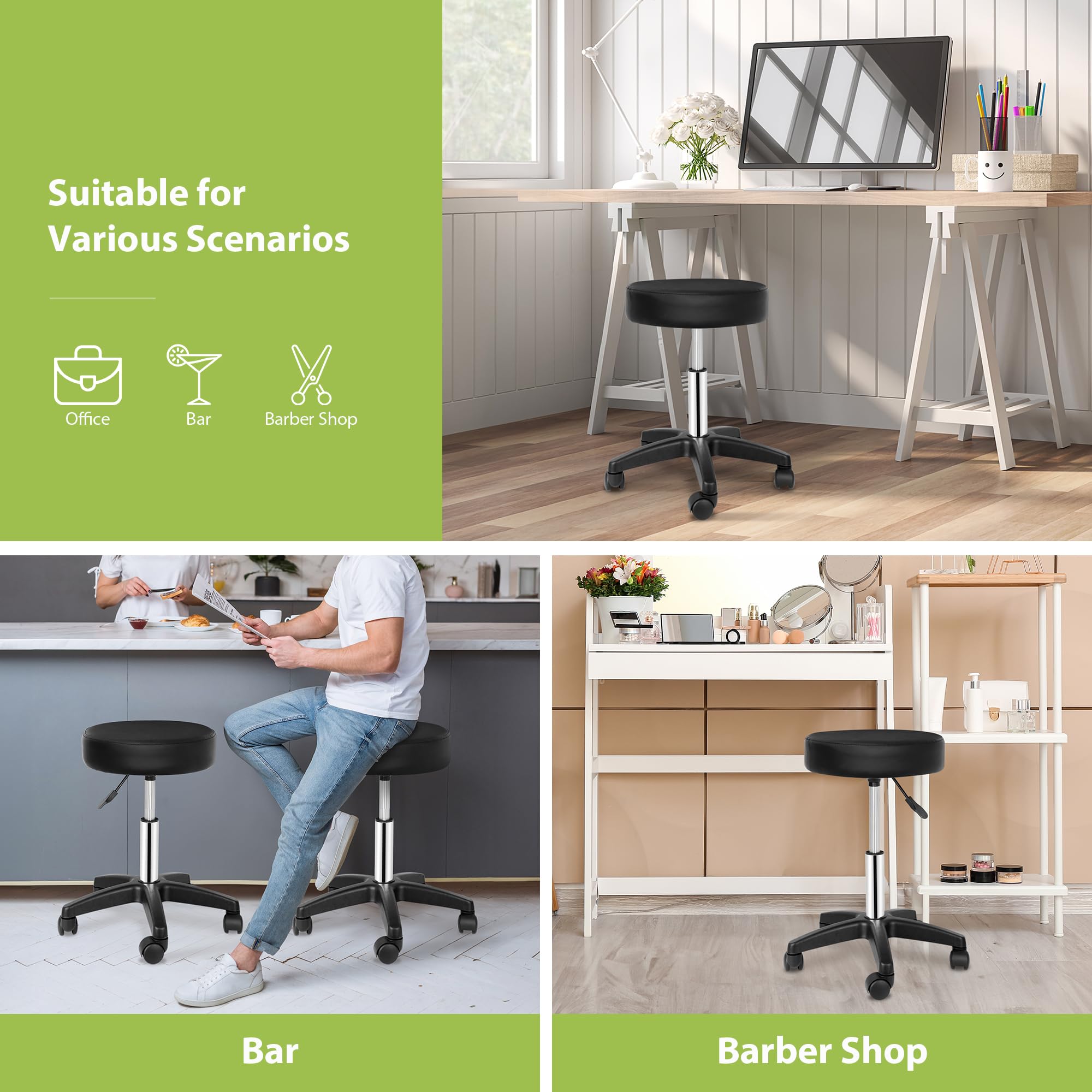 F2C PU Leather Round Salon Stool with Metal 5 Star Base and Wheels, Height Adjustable Hydraulic Bar Swivel Rolling Facial Massage Spa Task Chairs Black