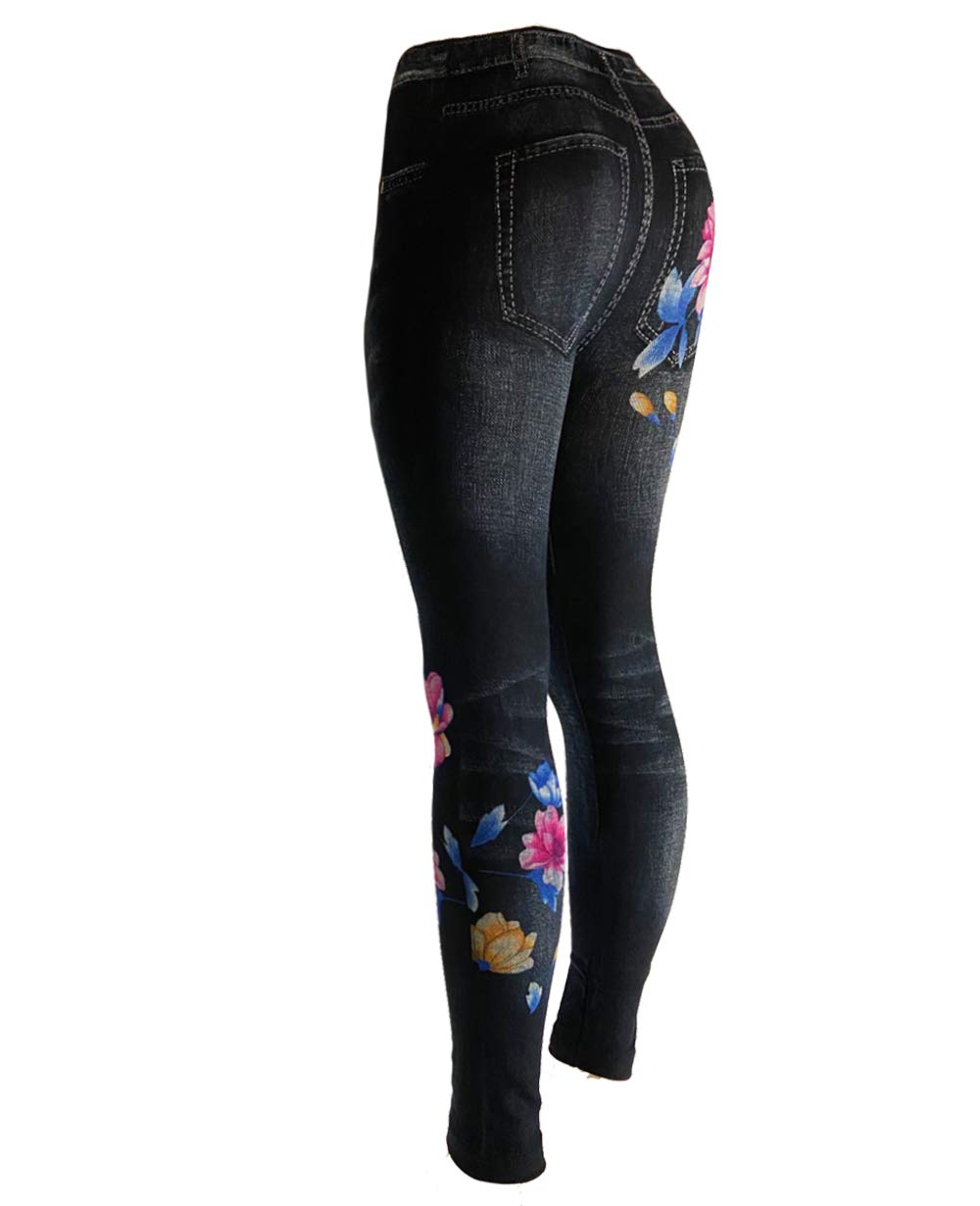 CLOYA Women's Denim Print Seamless Full Leggings for All Seasons - One Size Fits Large & X-Large (Blue Rustic)