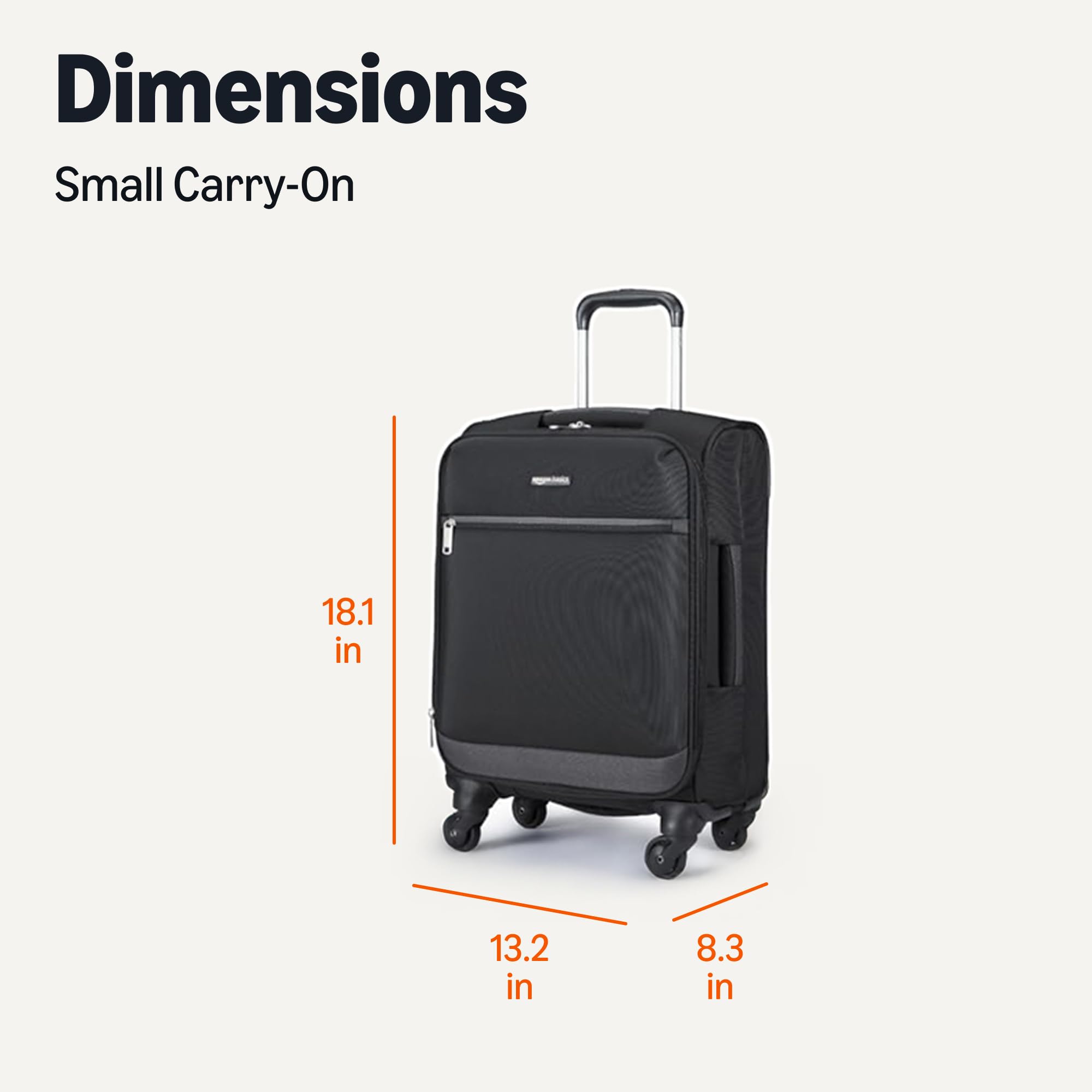 Amazon Basics Luggage, 18" Small Carry-On Softside Suitcase With Wheels, With Four 360-Degree Multi-directional Spinner Wheels, Expandable Space, Zippered Pocket and Straps, Telescopic Handle, Black