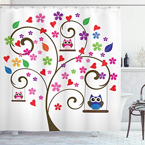 Ambesonne Owls Shower Curtain, Tree with Flowers and Owls Swinging Curvy Ornamental Lines Playful Design, Cloth Fabric Bathroom Decor Set with Hooks, 69" W x 84" L, Multicolor