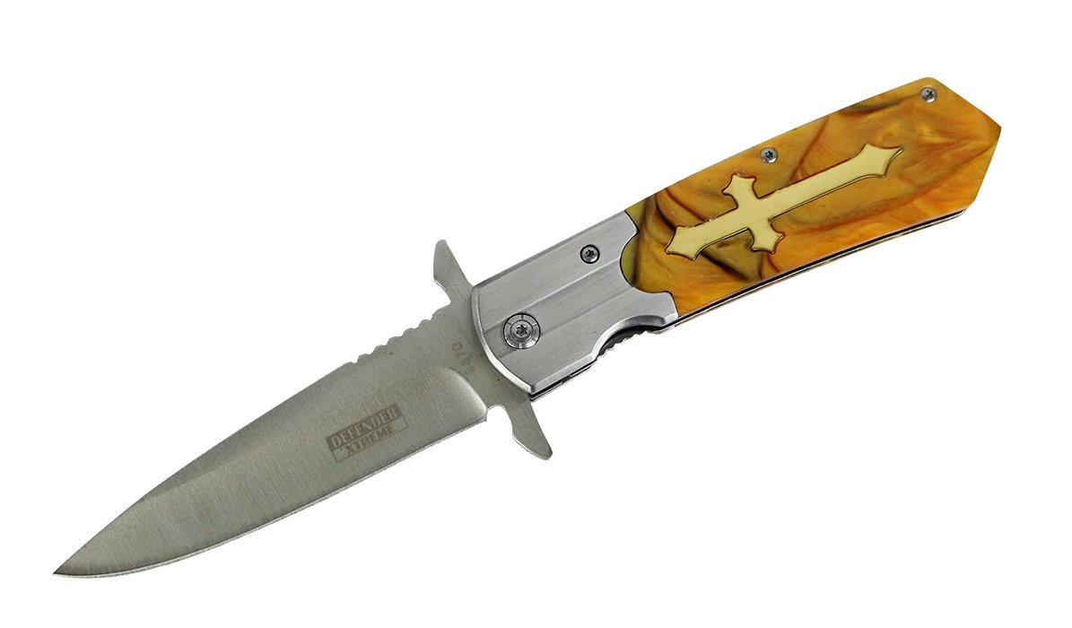 Defender Xtreme 9" Spring Assisted Knife with Amber Cross Handle