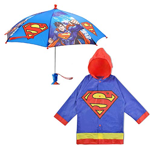 DC Comics Kids Umbrella and Poncho Raincoat Set, Batman & Superman Boys Rain Wear for Toddler 2-3 or Kids 4-7