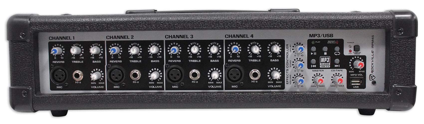 Rockville 1800w Powered 4 Channel Mixer/Amplifier w USB/EQ/Effects/Phantom (RPM45)