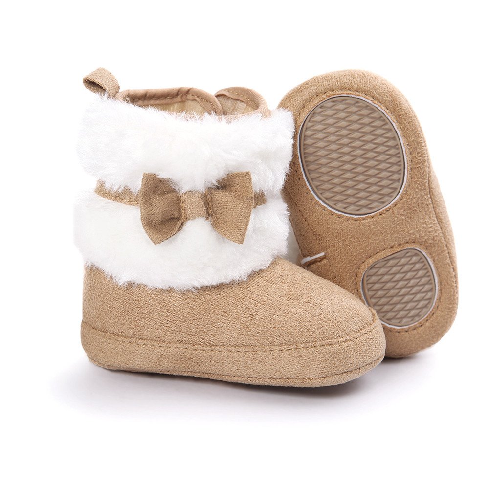 ESTAMICO Baby Girl Plush Winter Snow Bowknot Boots Khaki 6-12 Months