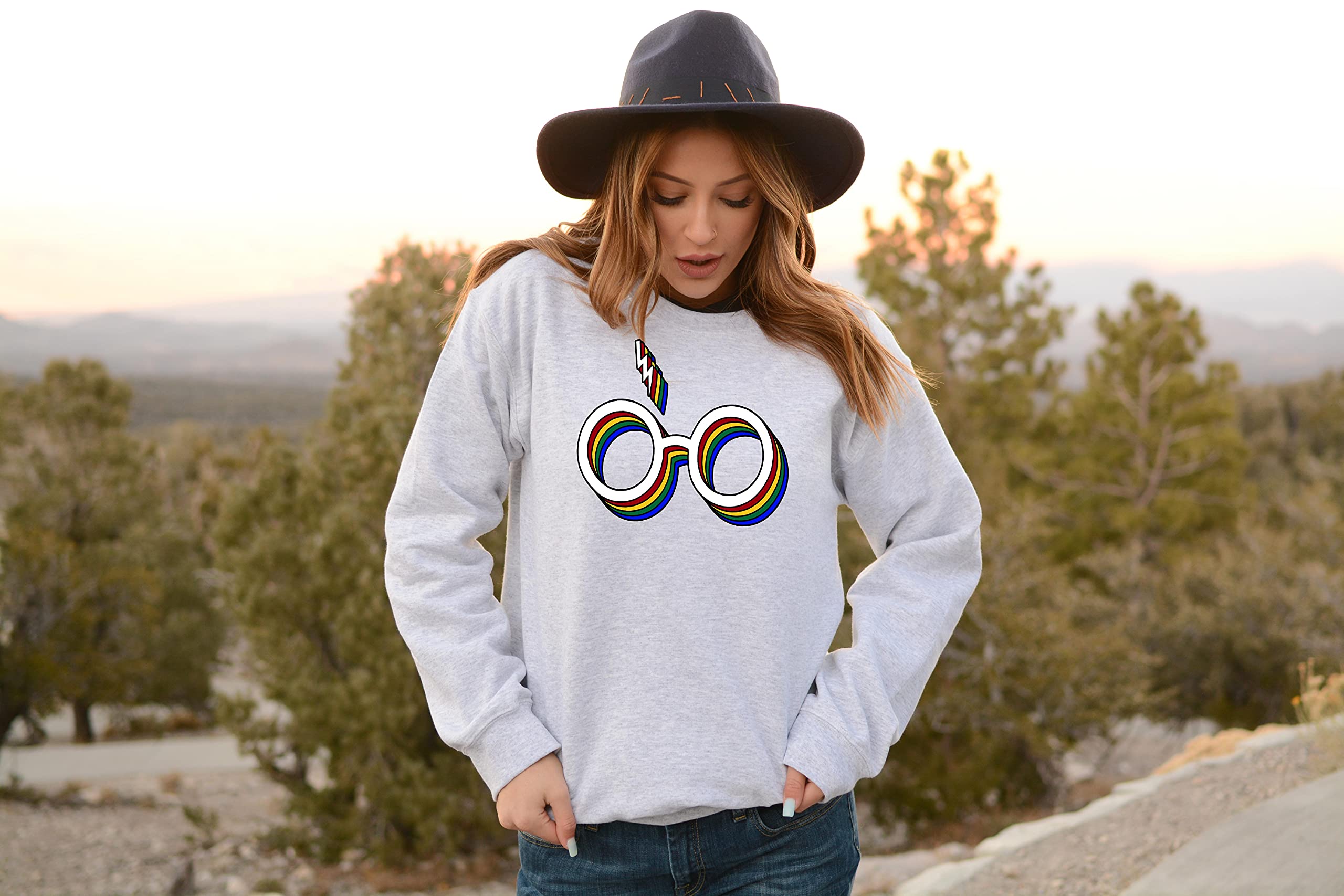 Outlook Designs Glasses and Bolt Fashion Sweatshirt, Wizard Glasses Scar Unisex Crewneck Sweatshirt, XL Black, Multicolored Glasses