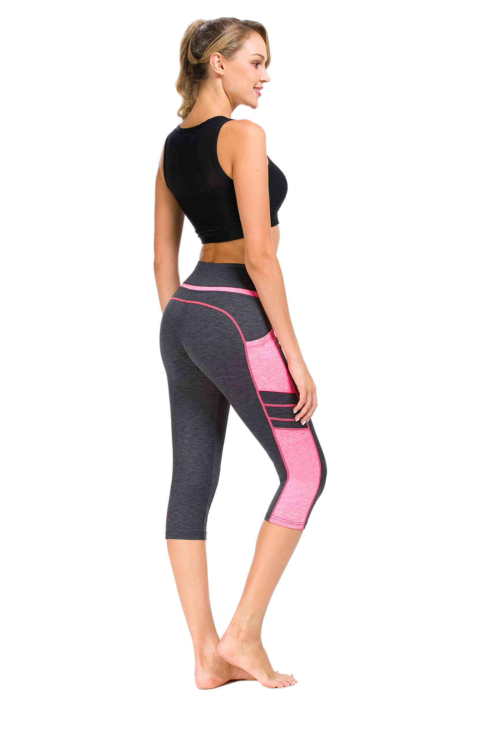 Sugar Pocket Women's Capris Tights Workout Running Leggings Yoga Pants XL(Grey/Pink)