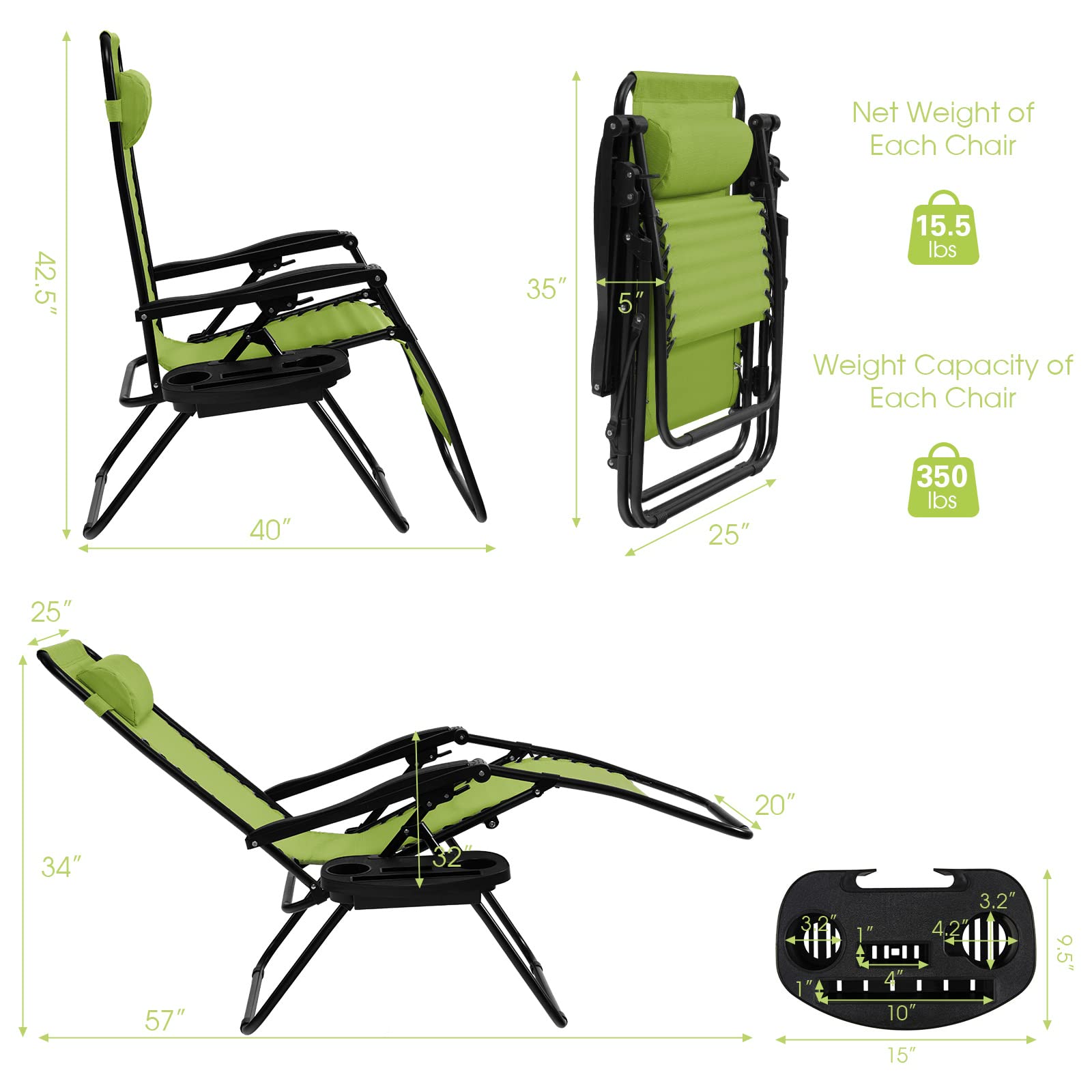 Goplus Zero Gravity Lounge Chairs, 160°Adjustable Folding Recliner w/Pillow and Cup Holder, 350LBS Comfy Outdoor Lounge Chairs for Patio, Lawn, Yard & Camp(1, Green)