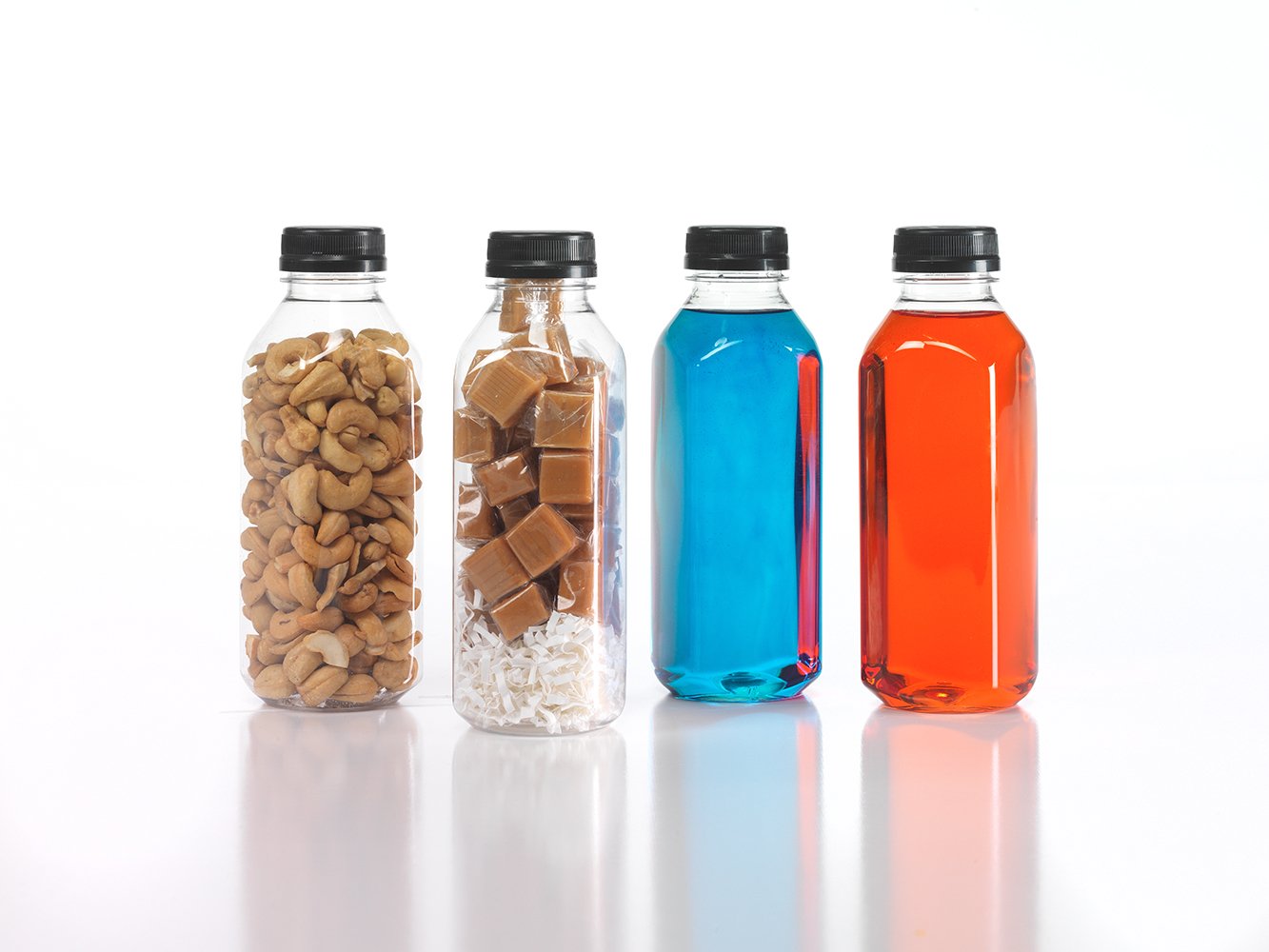 (8) 16 oz. Clear Food Grade Plastic Juice Bottles with Tamper Evident Caps 8/pack (Black Lids)