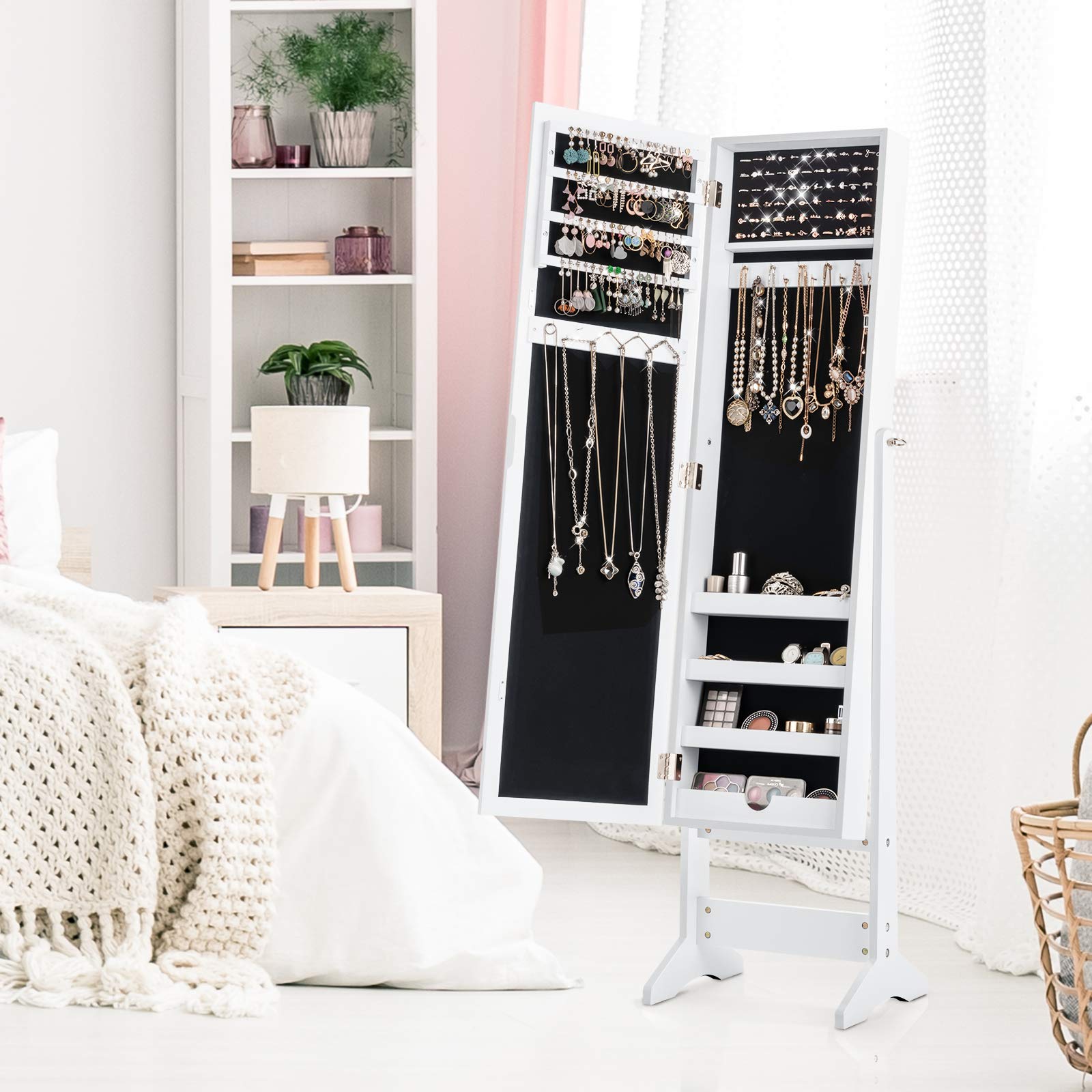 Giantex Jewelry Cabinet with Full-Length Mirror, Standing Jewelry Armoire Organizer with 64 Earring Slots, 72 Ring Slots, 20 Necklace Hooks, 4 Storage Shelves, 3 Angle Adjustable (White)