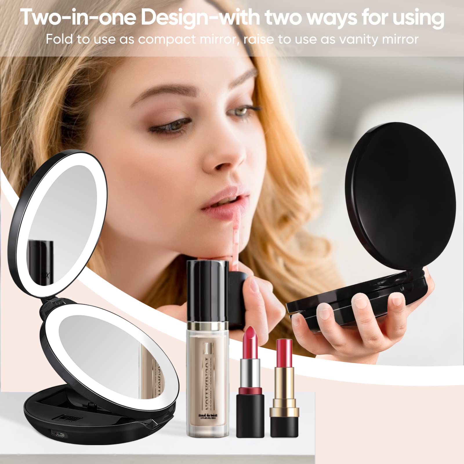 KEDSUM Upgraded Rechargeable Travel Makeup Mirror with Light, 1X/10X Magnifying Mirror with Light, Compact Travel Mirror with LED Lighted, Double Sided Folding Vanity Mirror, Daylight, Portable