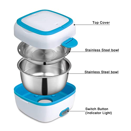 GQU Electric Lunch Box, 3 In 1 Food Heater/Cooker/Steamer with Stainless Steel Bowls, Egg Steaming Tray, Spoon, Measuring Cup for Office, School, Travel