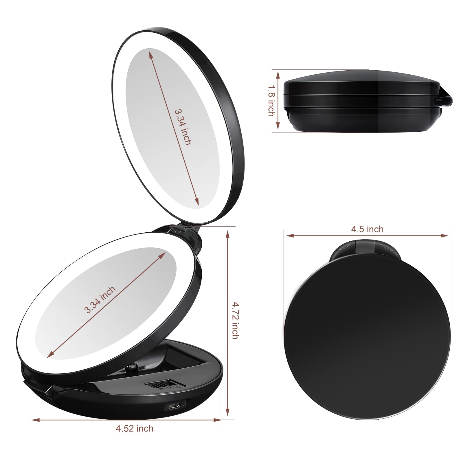 KEDSUM Upgraded Rechargeable Travel Makeup Mirror with Light, 1X/10X Magnifying Mirror with Light, Compact Travel Mirror with LED Lighted, Double Sided Folding Vanity Mirror, Daylight, Portable